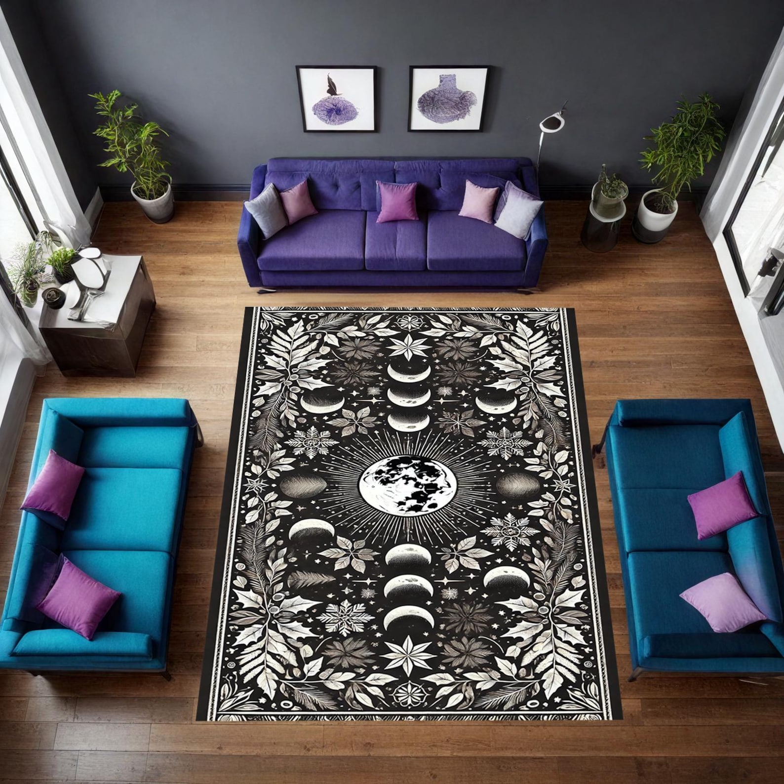 Earth and Night Rug, Moon and Stars Rug, Flower Motif Rug, Trend Rug ...