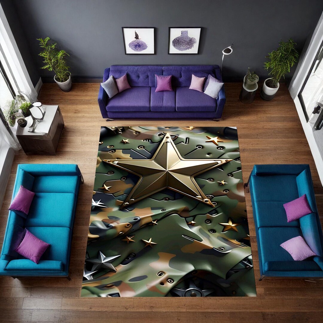 Military Themed Rug, Star Rug, Camouflage Patterned Rug, Living Room ...