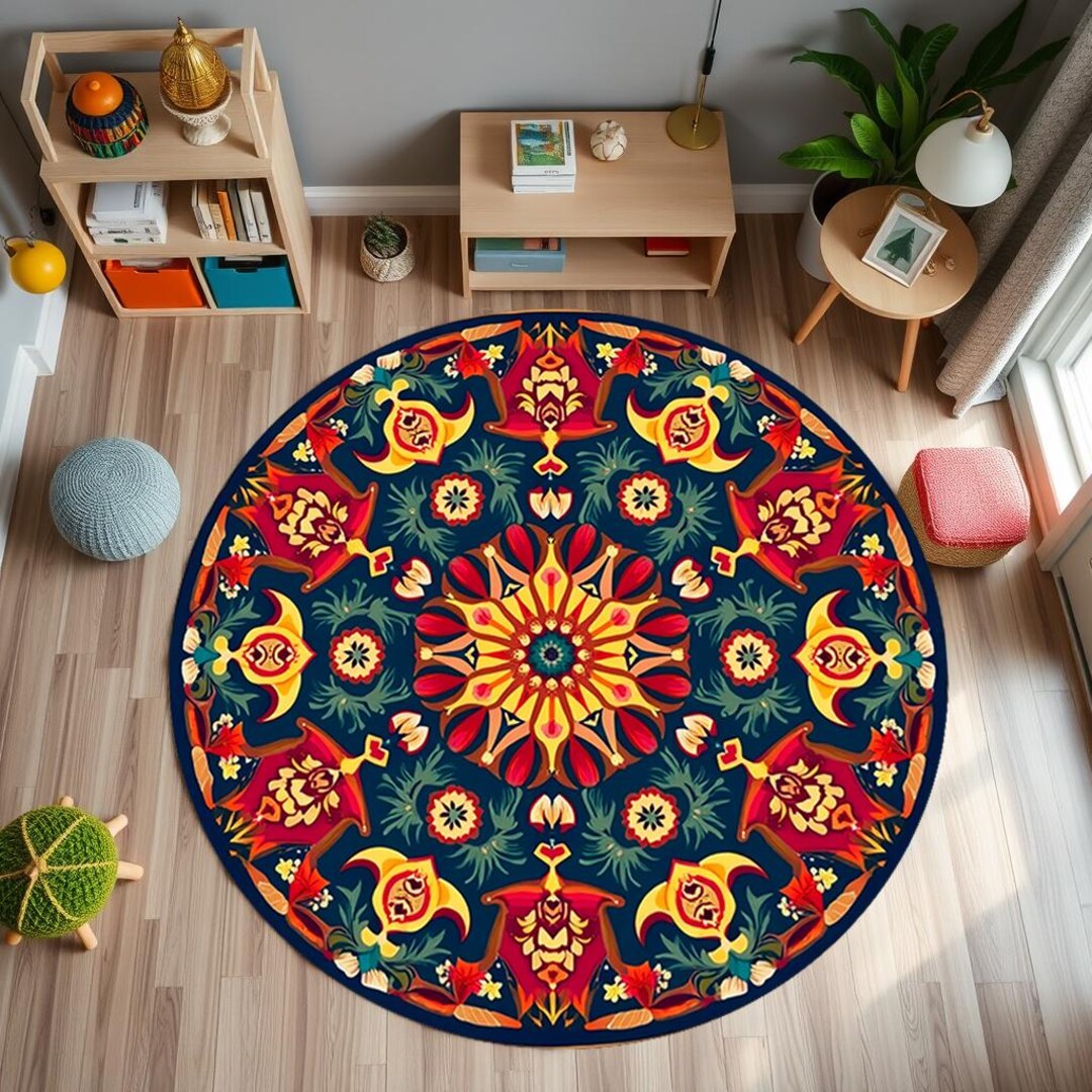 Round Rug, Red and Black Rug, Decor Rug, Mid Century Circle Rug ...