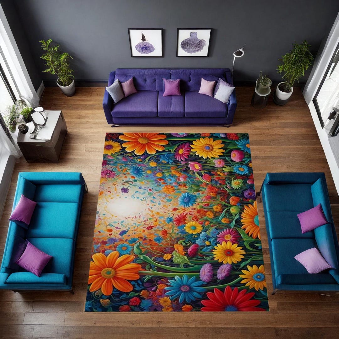 Flower Garden Rug, Colorful Flowers Rug, Special Rug, Daisy Patterned ...