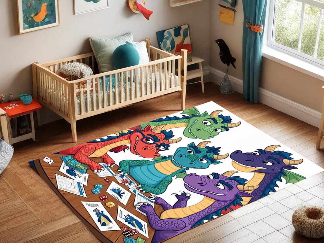 Children and Youth Room Rug, Dragon Rug, Playful Dragons Rug, Cheerful ...