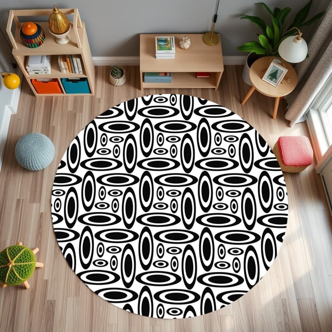 Ellipse Patterned Rug, Black and White Rug, Geometric Rug, Kitchen Rug ...