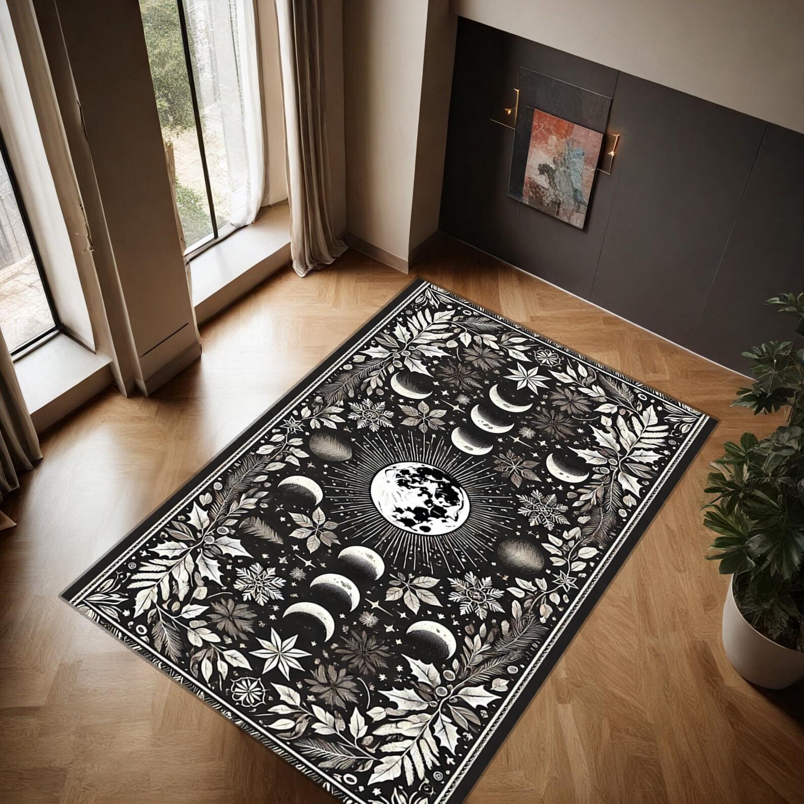 Earth and Night Rug, Moon and Stars Rug, Flower Motif Rug, Trend Rug ...