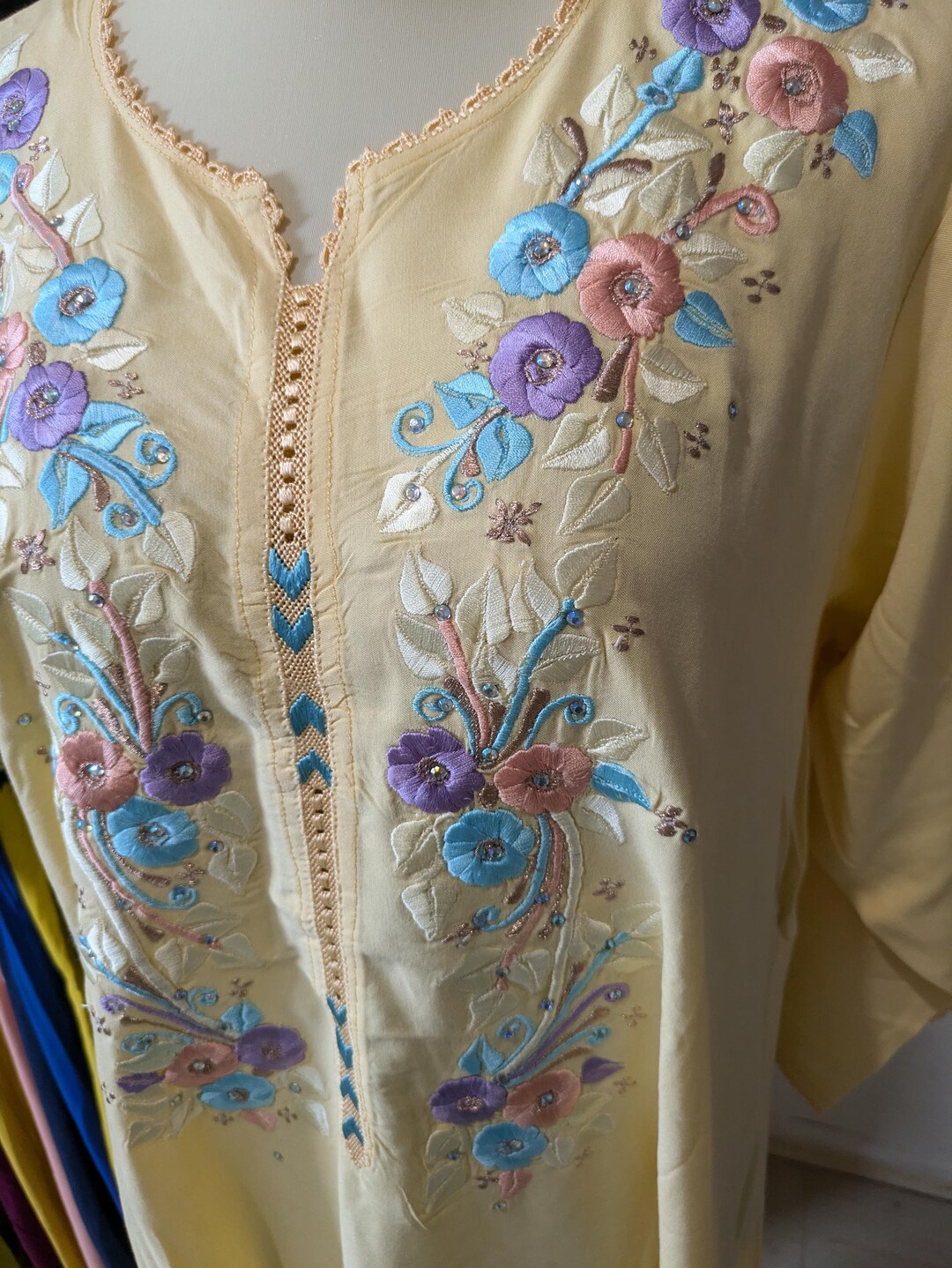 Moroccan Caftan Embroidered/randa Yellow Banana Fabric Soft Comfortable ...