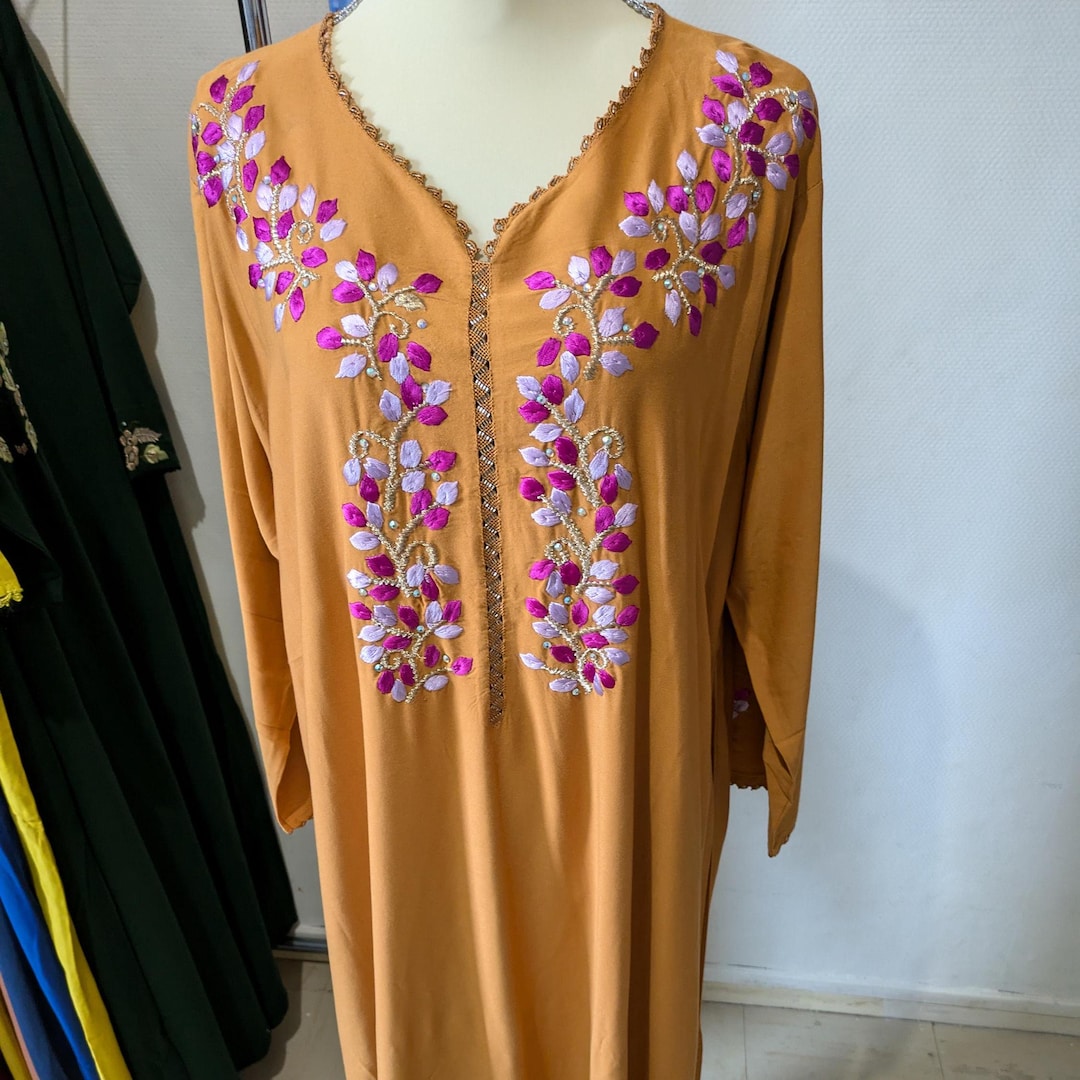 Moroccan Caftan Embroidered/randa Light Orange Soft Comfortable Linen ...