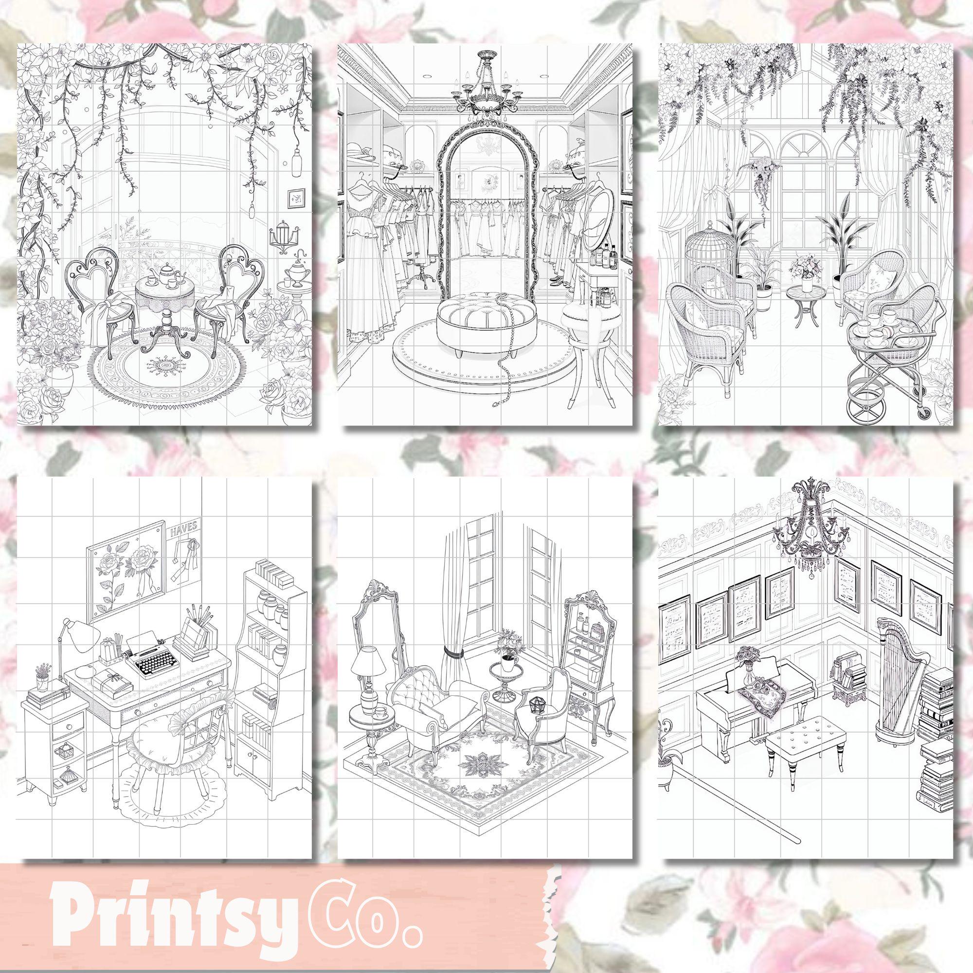 Kawaii Coquette 3D Isometric Coloring Pages Printable Cozy Rooms Cute ...