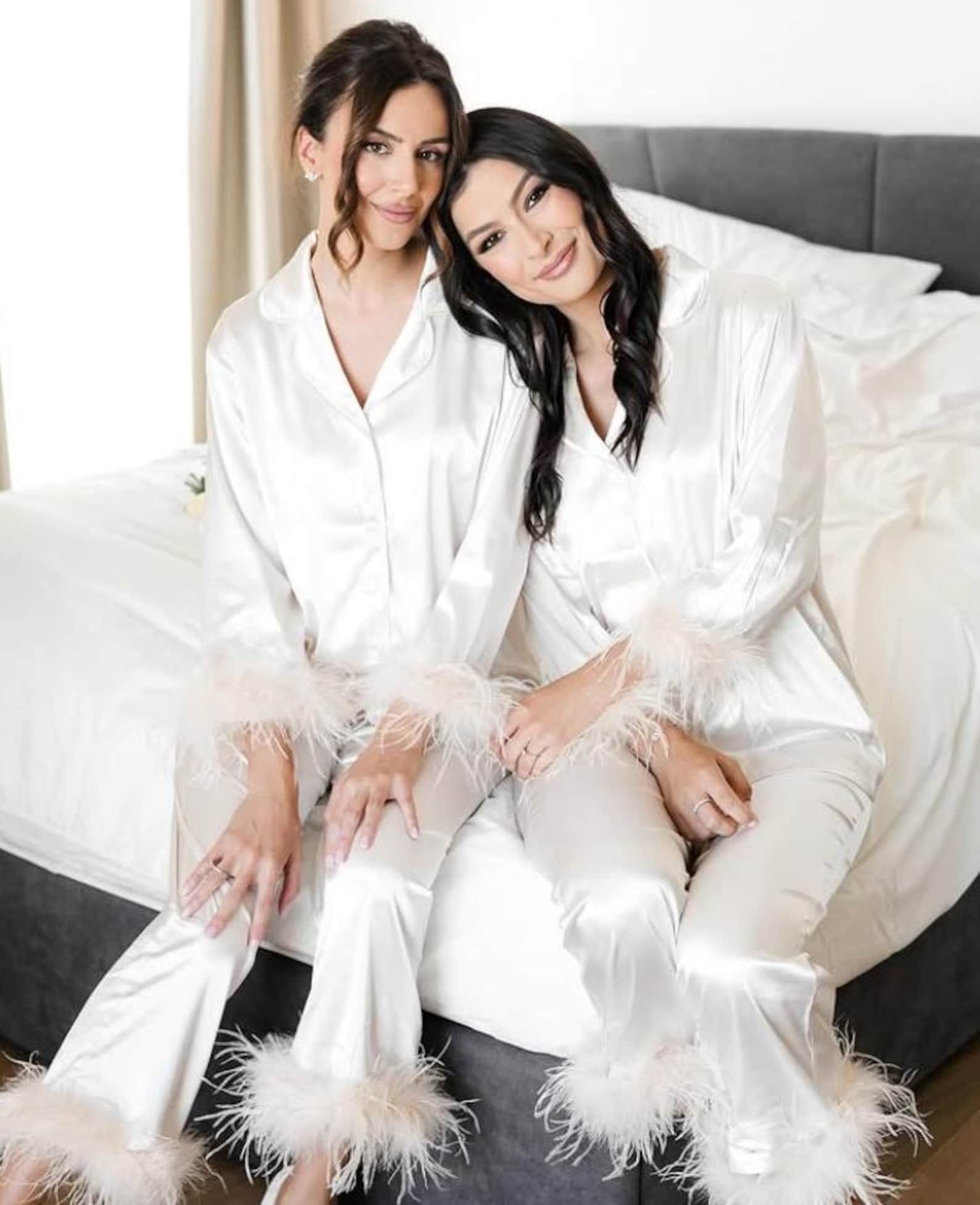 Feather Personalized Satin Sleepwear, Fur Bridal Loungewear, Bridesmaid ...