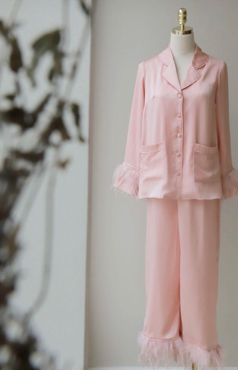 Personalized Satin Pyjama, Feather Bridal Loungewear, Bridesmaid Pyjama ...