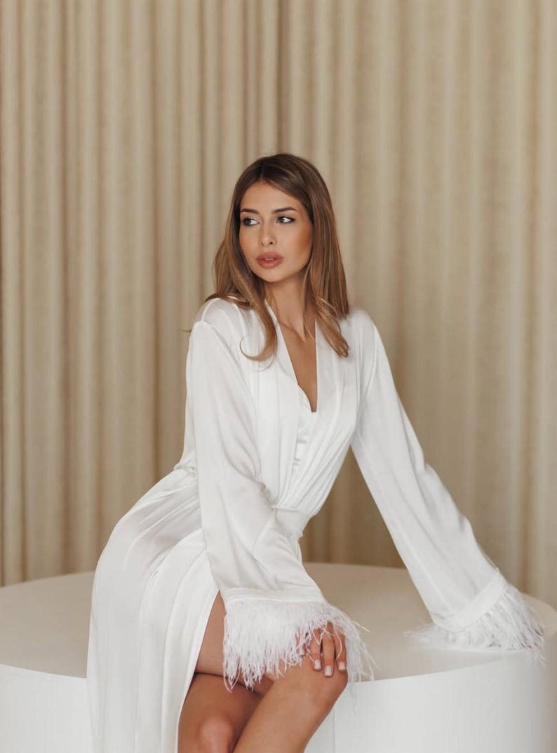 Feather Personalized Satin Long Luxe Robes, Luxury Bridal Loungewear ...