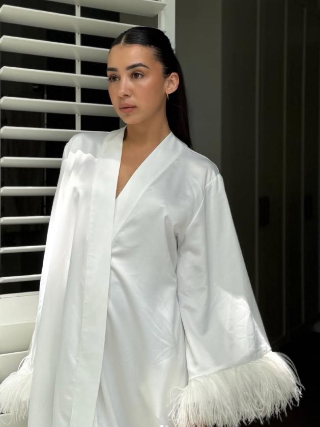 Feather Personalized Satin Long Luxe Robes, Luxury Bridal Loungewear ...