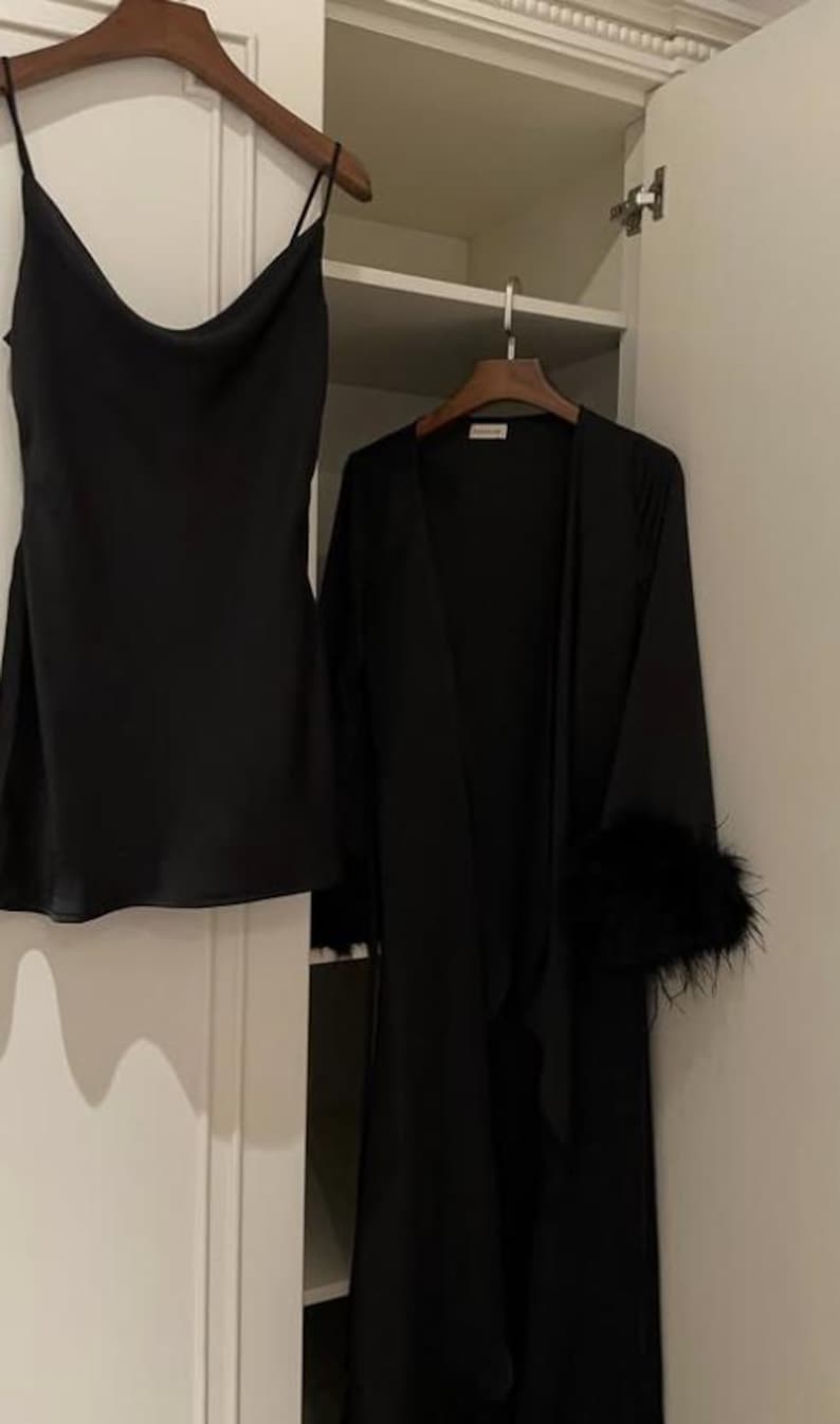 Feather Robe and Silk Dress Set, Personalized Feather Trim Robe, Bridal ...