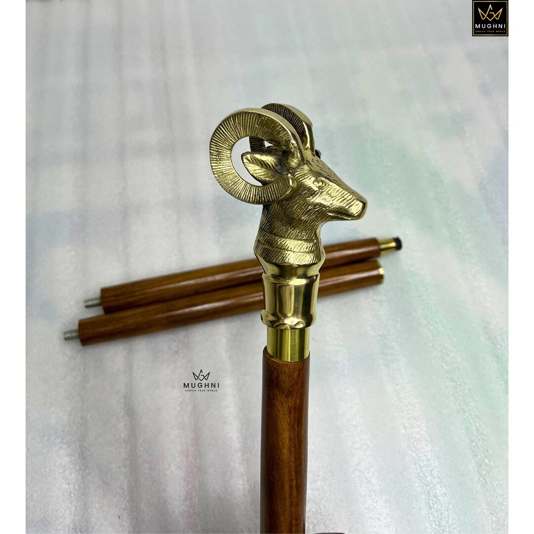 Brass Goat Head Walking Cane - Elegant Vintage Foldable Walking Stick ...