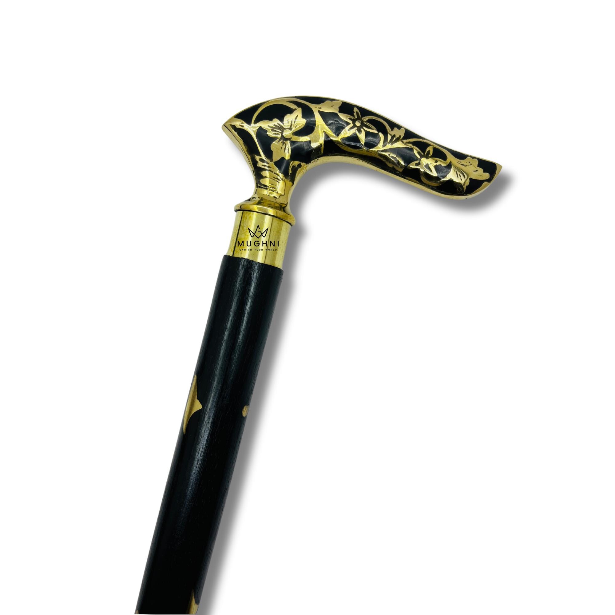 Walking Cane Foldable Brass Floral Handle Black Stick Mobility Gift ...