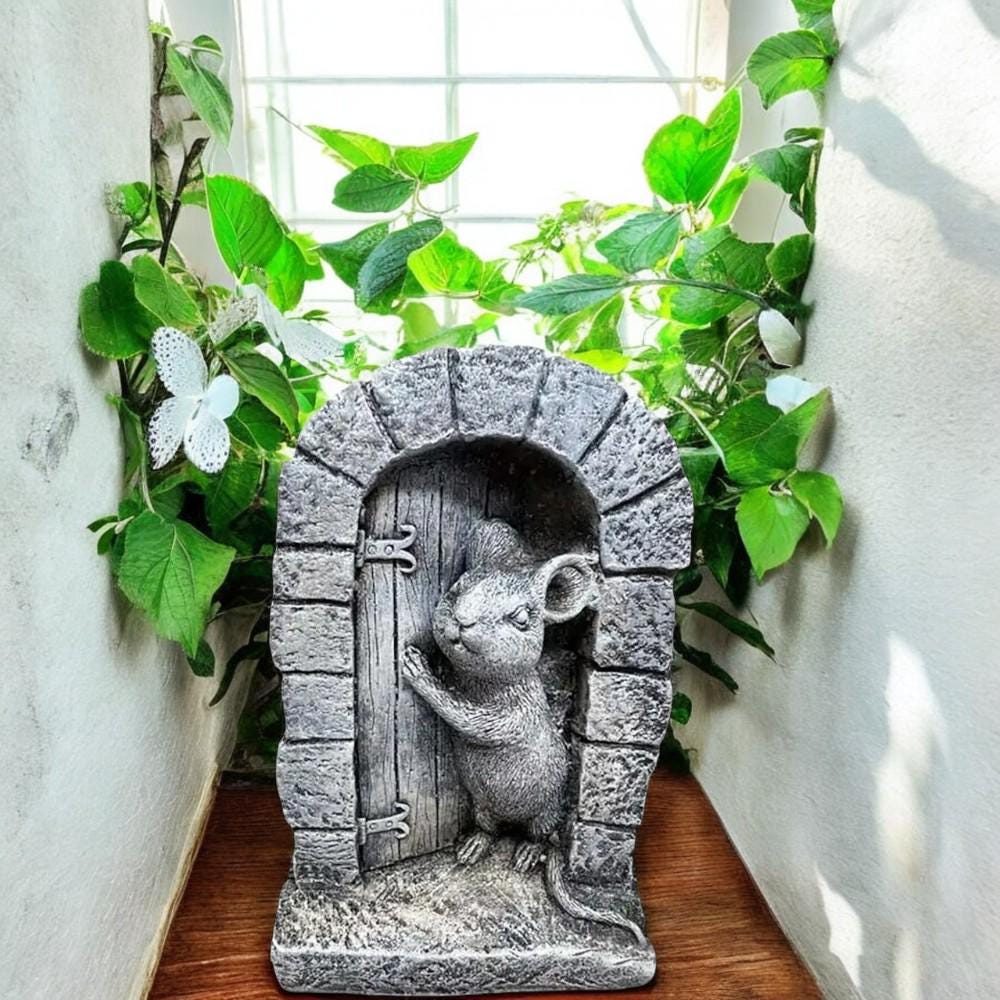 Mouse Door Stone Statue - Concrete Mouse for Garden, Outdoor Home Decor ...