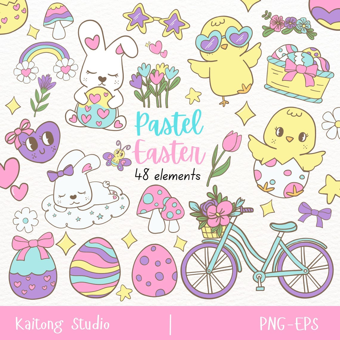 Retro Pastel Easter Clipart Bunny Groovy Chick Coquette Bow Cute Doodle ...