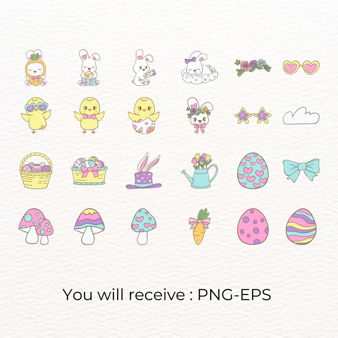 Retro Pastel Easter Clipart Bunny Groovy Chick Coquette Bow Cute Doodle ...