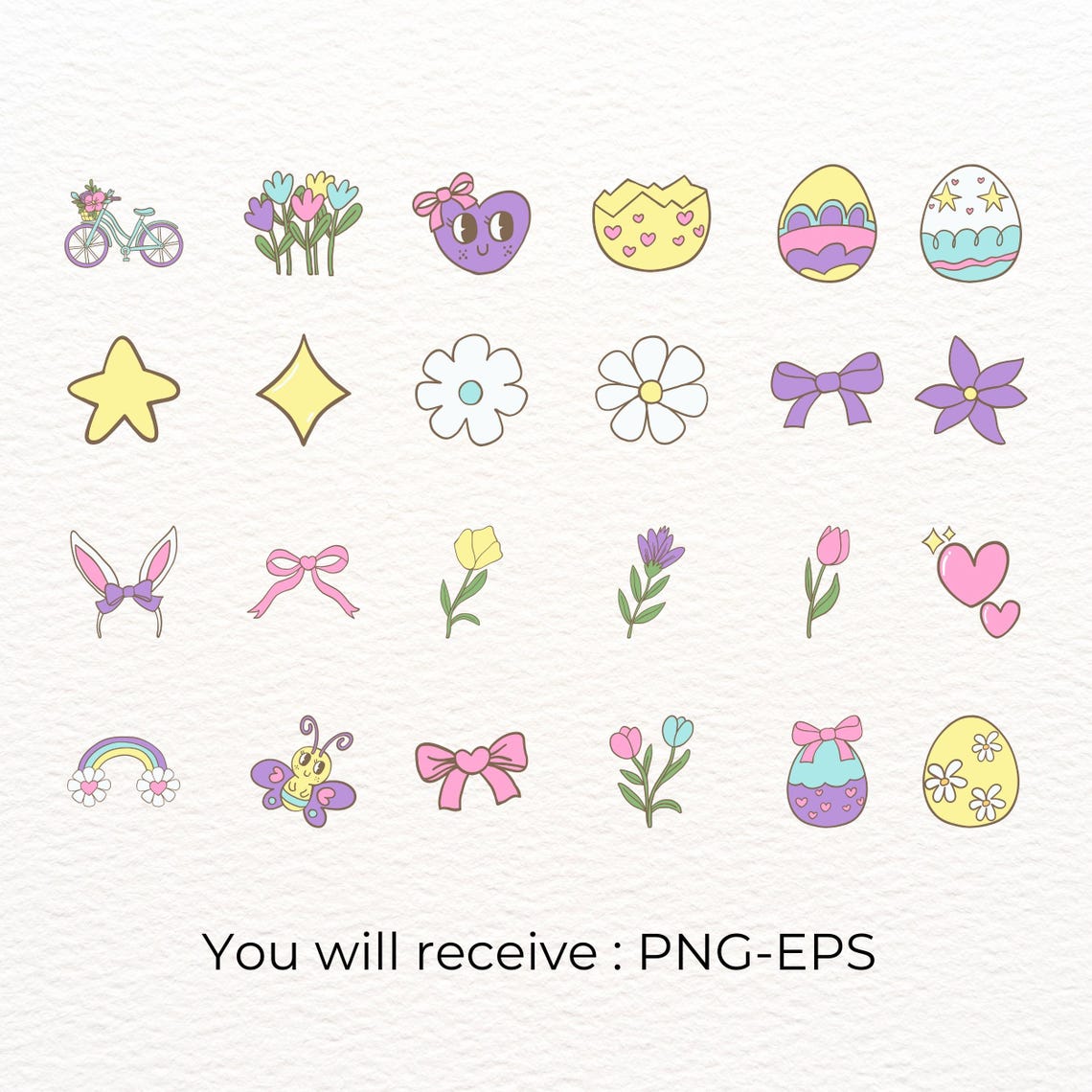 Retro Pastel Easter Clipart Bunny Groovy Chick Coquette Bow Cute Doodle ...