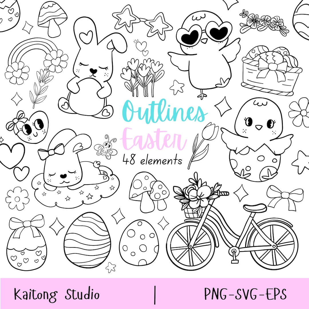 Retro Easter Clipart Bunny Groovy Chick Cute Doodle Outline Spring ...