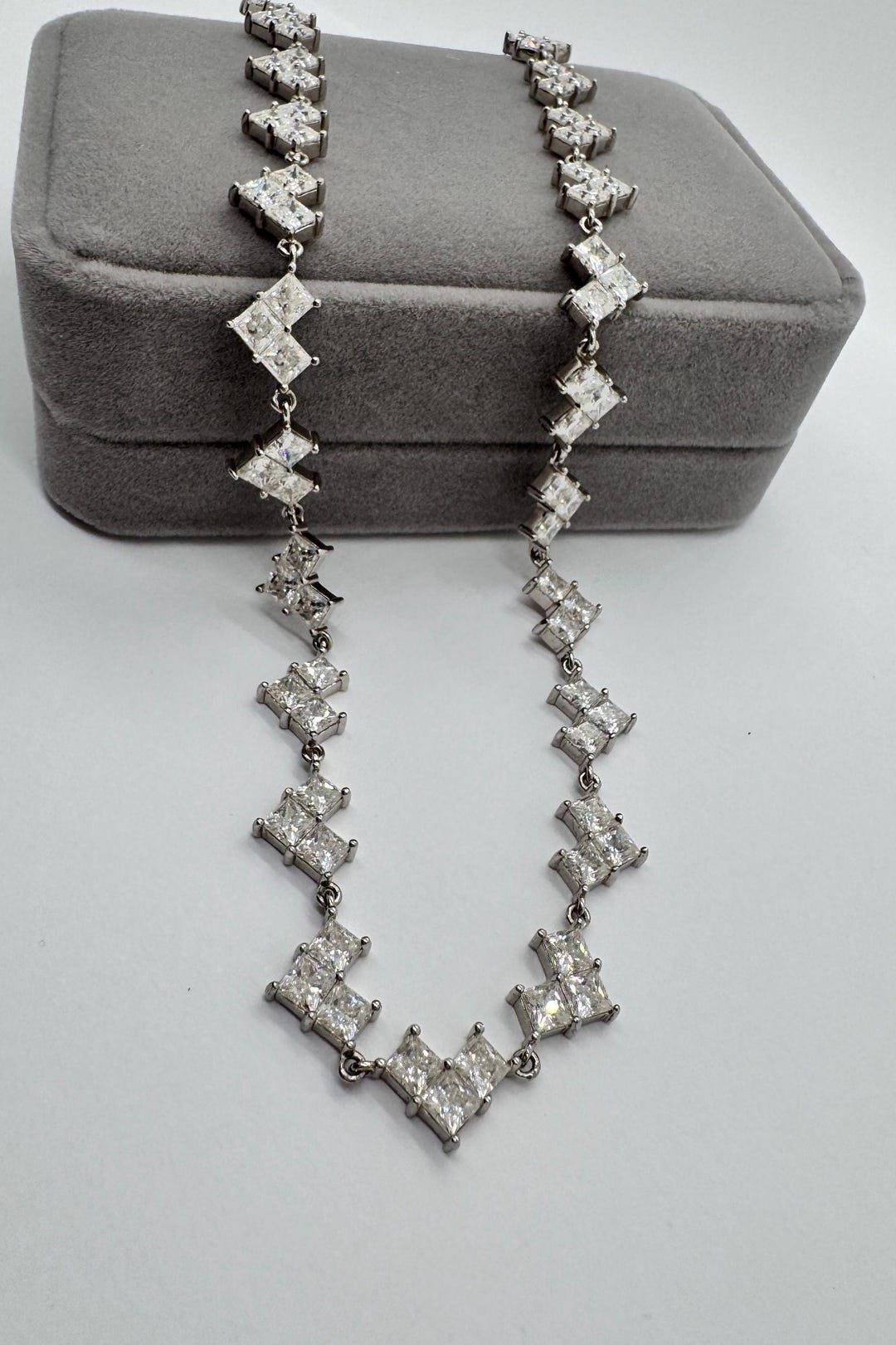 Princess Cut Moissanite Cluster Tennis Necklace: 925 Sterling Silver ...