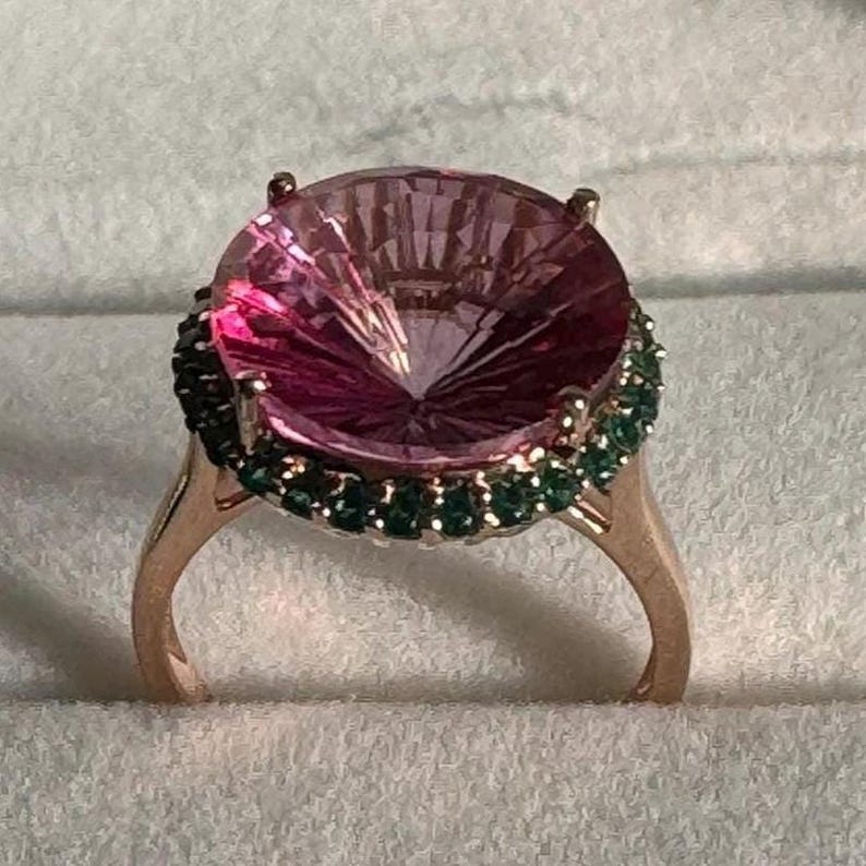 18k Pink Sunburst Cut Sapphire and Emerald Halo Ring: Au750 - Etsy