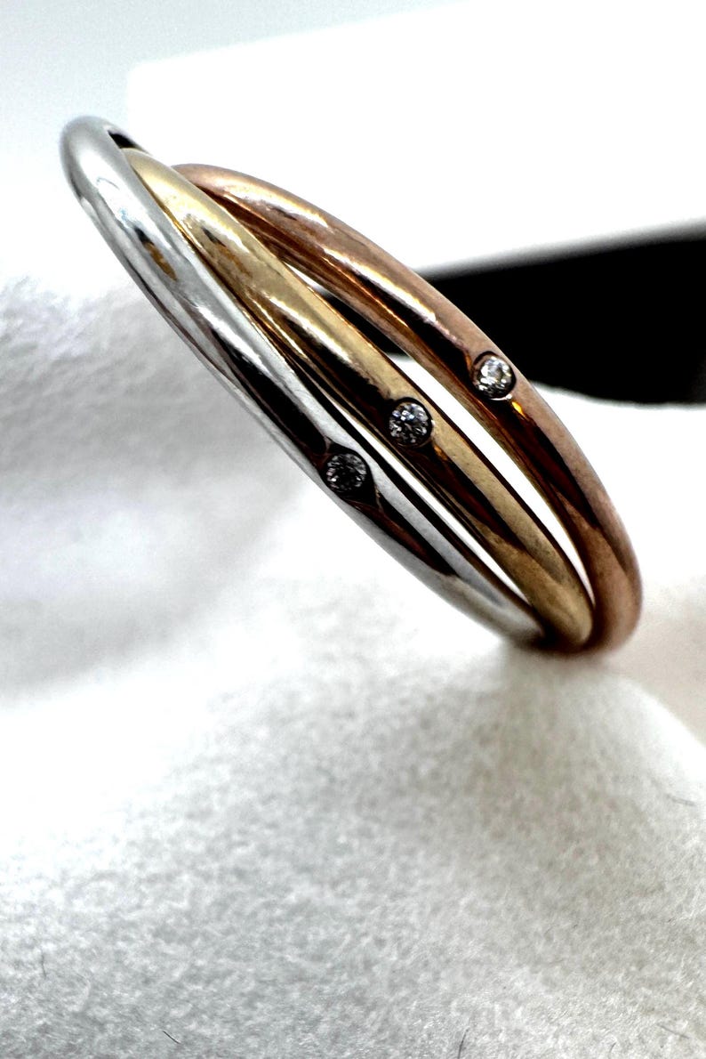 18k Gold Diamond Triple Tri-color Band Rings Au750 - Etsy
