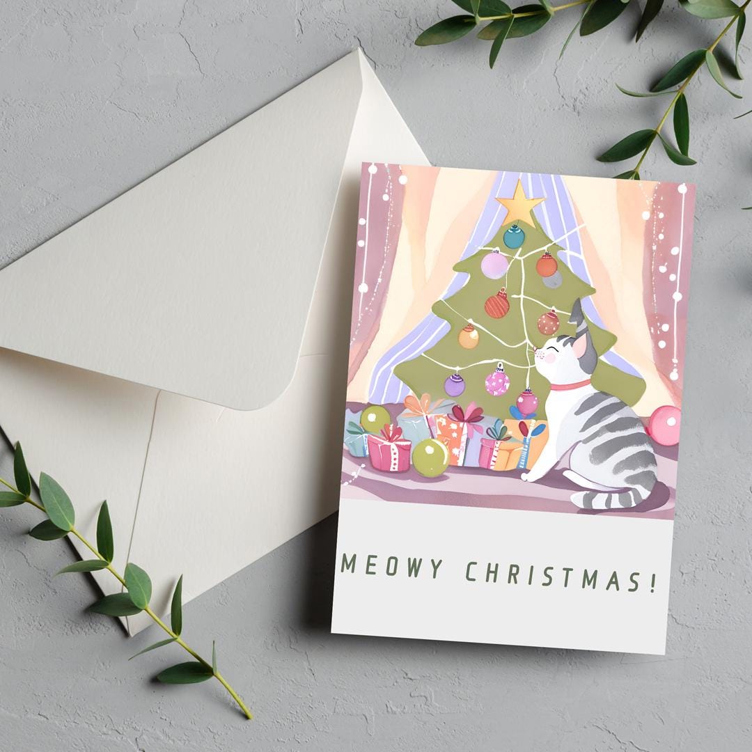Funny Cat Christmas Card Meowy Christmas Printable Holiday Card Cat ...