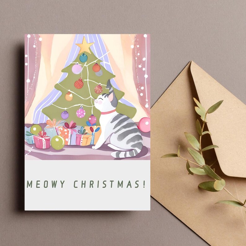 Funny Cat Christmas Card Meowy Christmas Printable Holiday Card Cat ...
