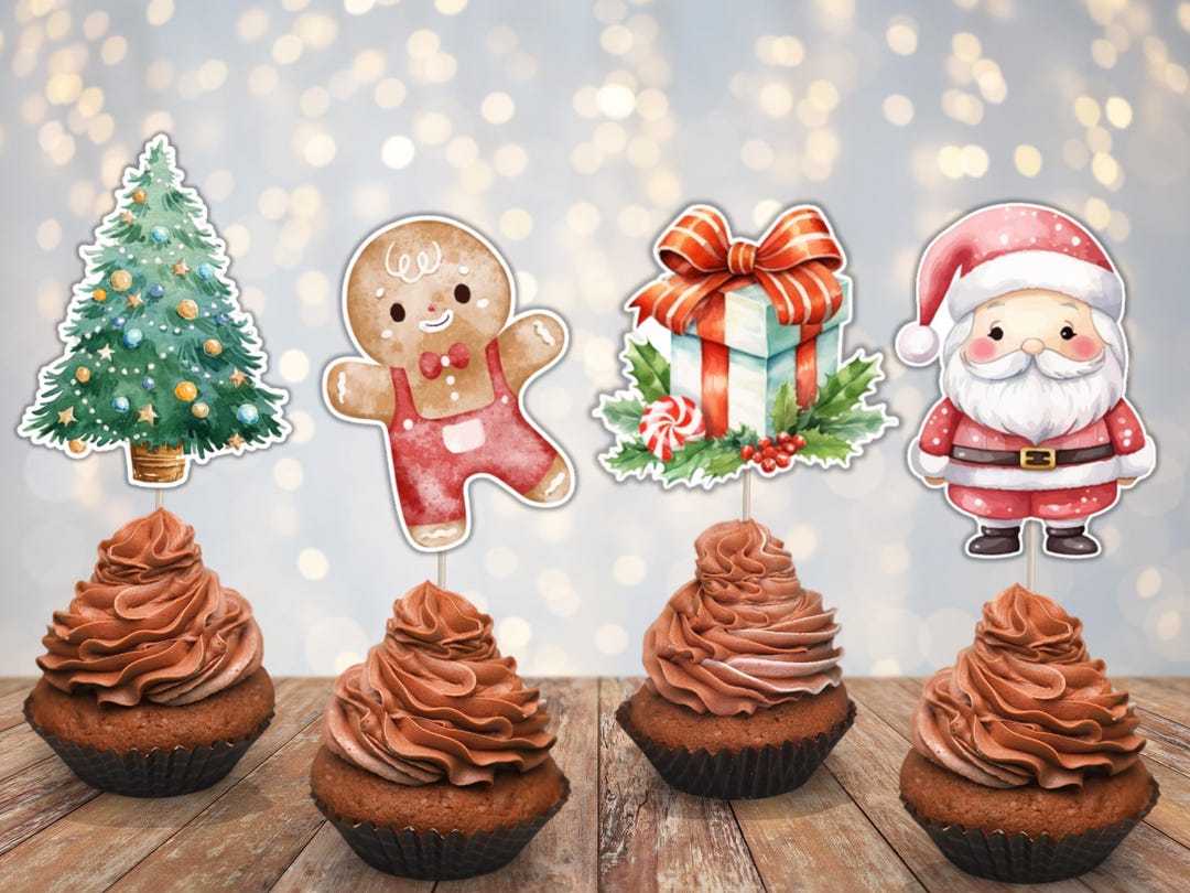 Christmas Cupcake Toppers, Christmas Party, Tree, Gingerbread, Gifts ...