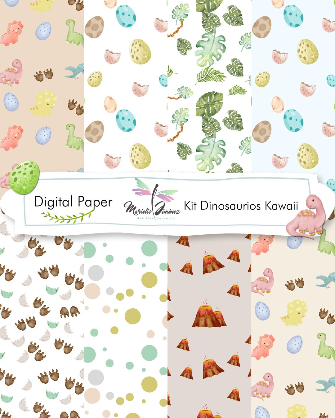 Kawaii Dinosaur Digital Paper Kit - Scrapbook, Stickers, Backgrounds ...