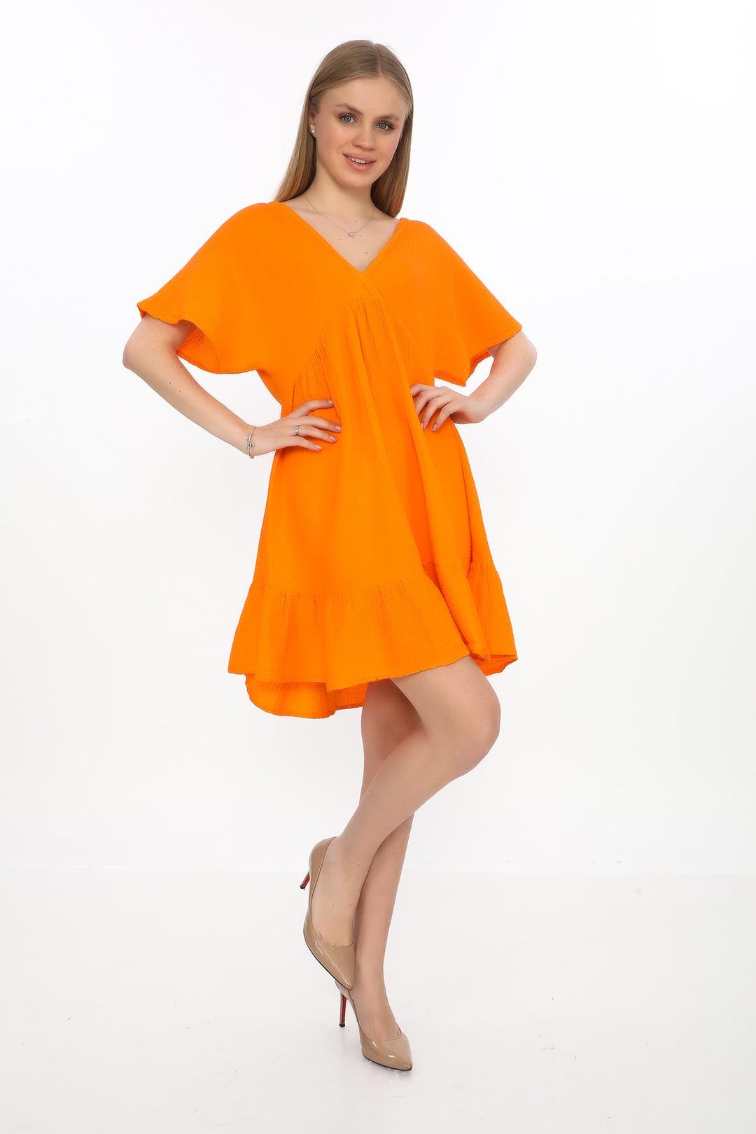 Orange Muslin Cotton Wrap Dress - Short Sleeve, Pleated, 100% Cotton - Etsy