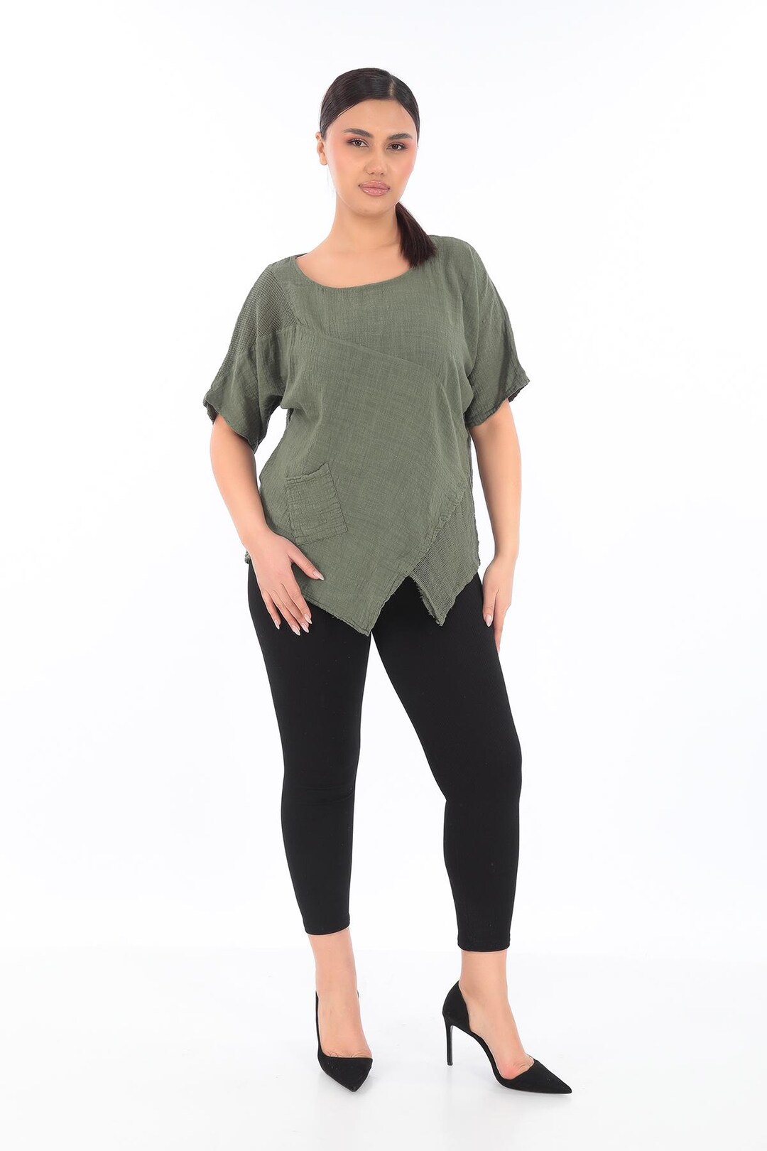 Green Cotton Blouse With Mesh Details - Cross Front Short Sleeve Top ...