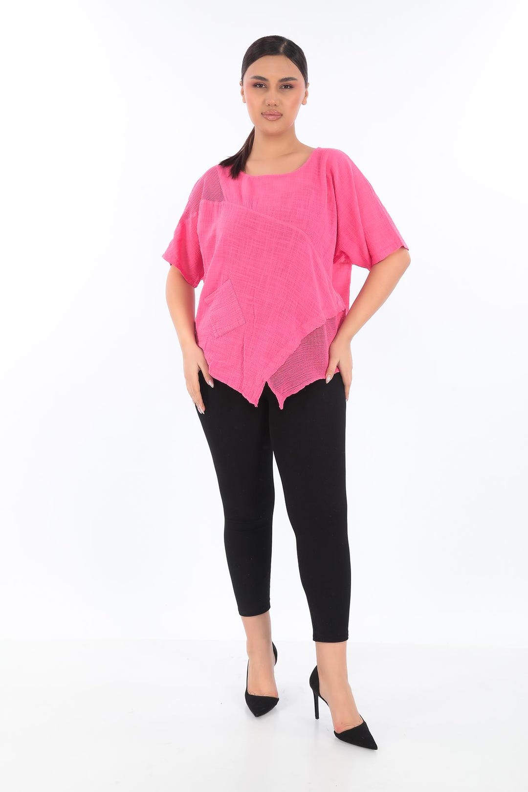 Fuchsia Cotton Blouse With Mesh Details - Cross Front Short Sleeve Top ...