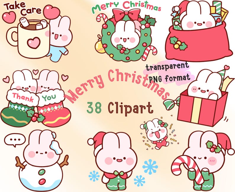 Christmas Bunny Clipart, PNG Clip Art Graphics, Printable Art, Instant ...