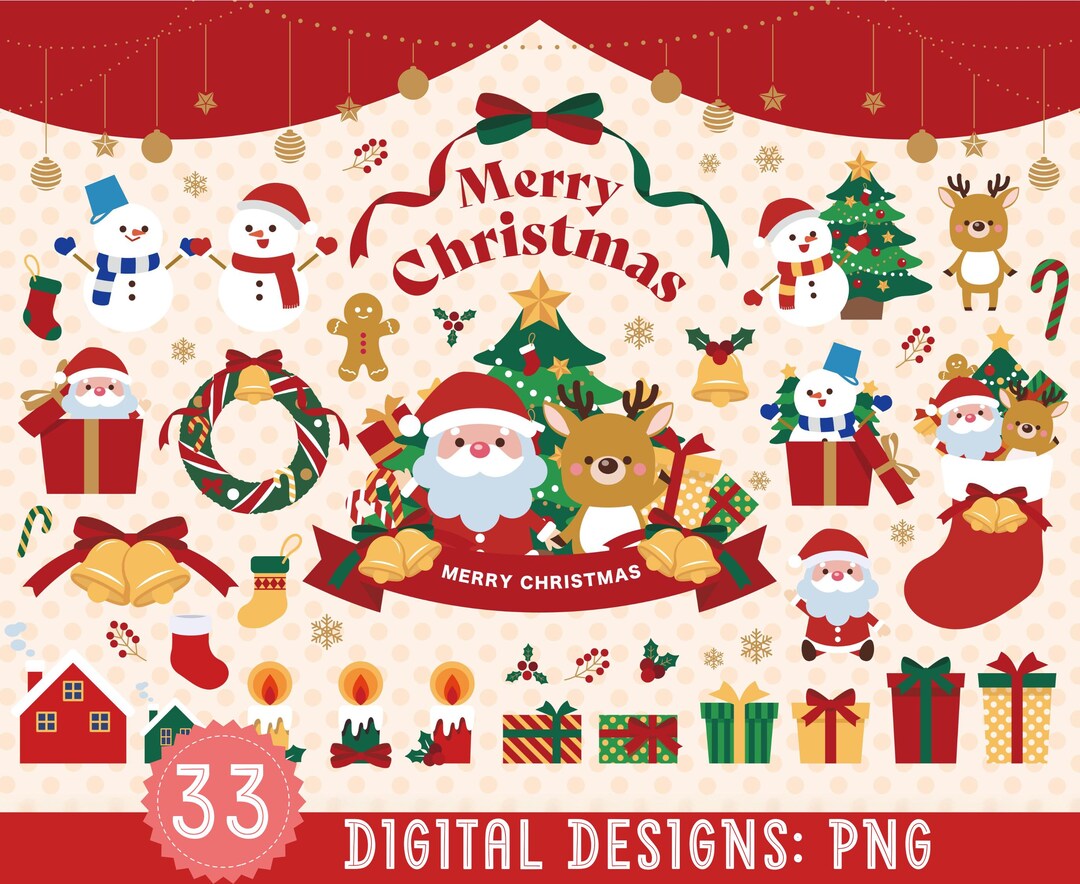 Cute Christmas Clipart, PNG Clip Art Graphics, Printable Art, Instant ...