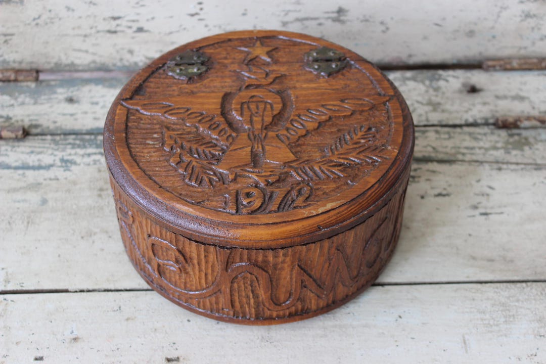 Vintage 1970s Hand Carved Round Box With Hinged Lid - Etsy