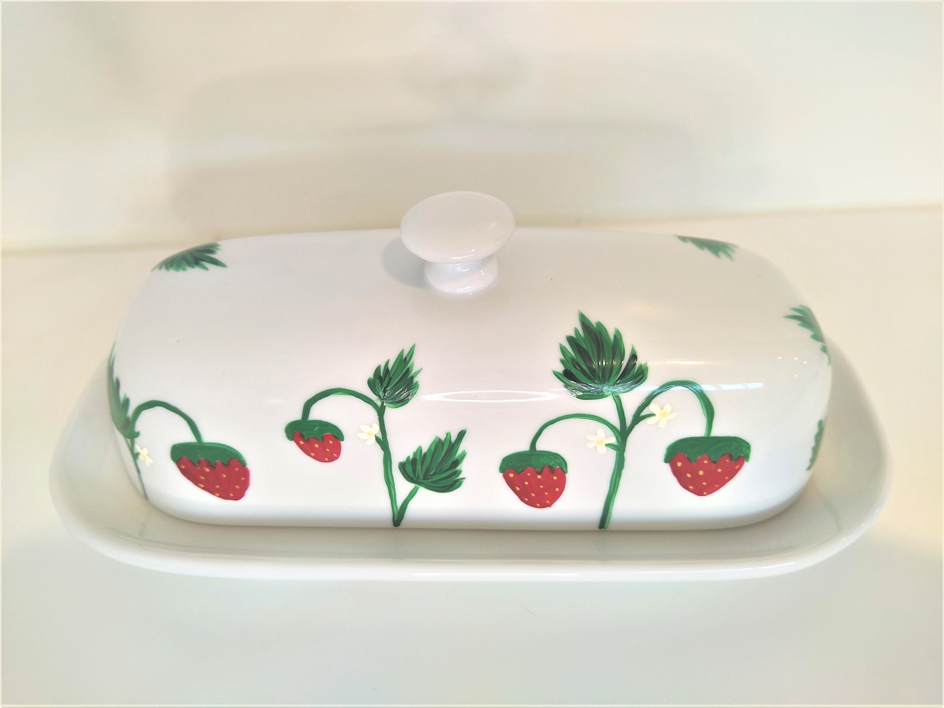 Hand Painted Butter Dish With Strawberries Ceramic Strawberry | Etsy