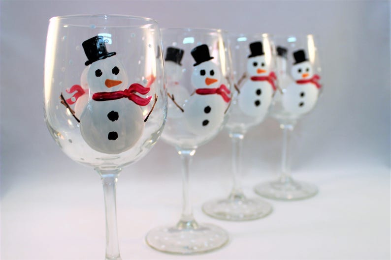 Snowman Hand Painted Wine Glasses, Painted Snowman Glasses, Holiday ...