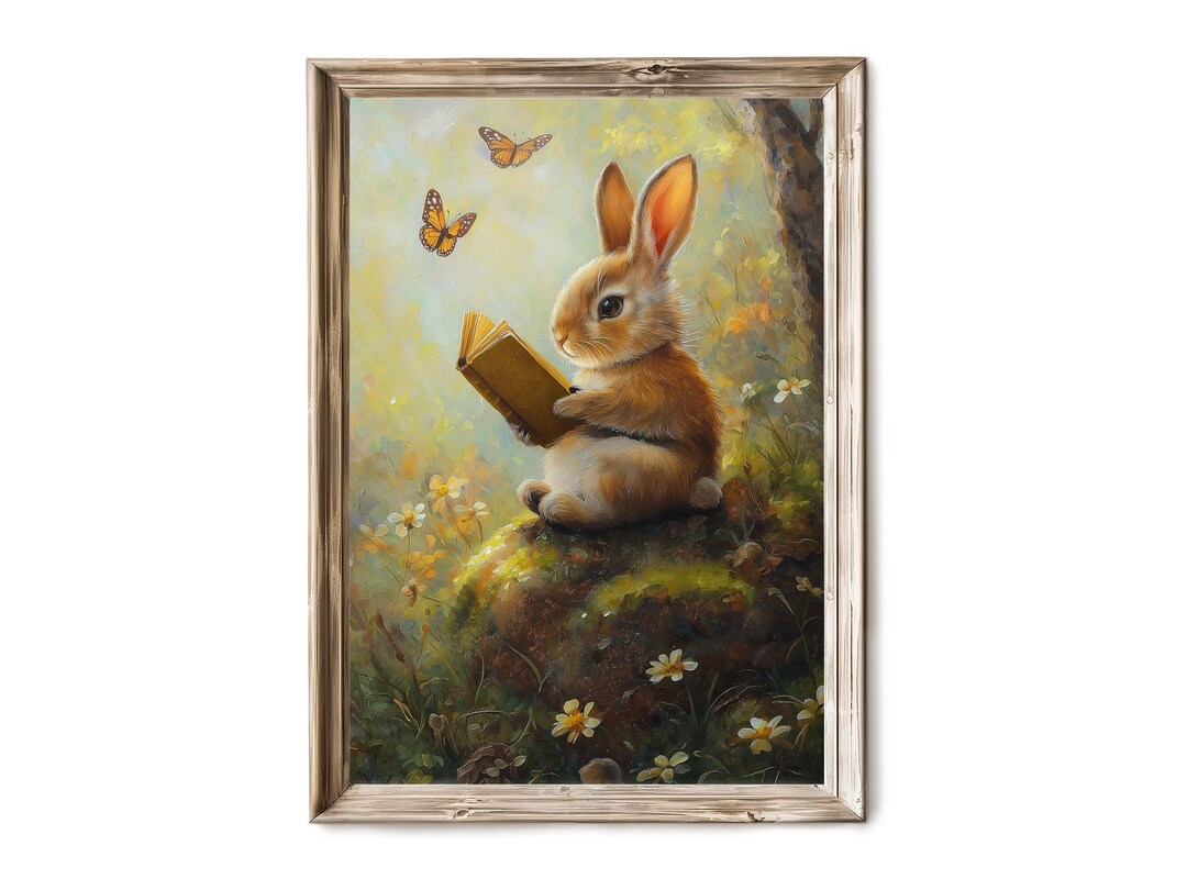 Printable Easter Wall Art Spring Bunny, Vintage Storybook Oil Painting ...
