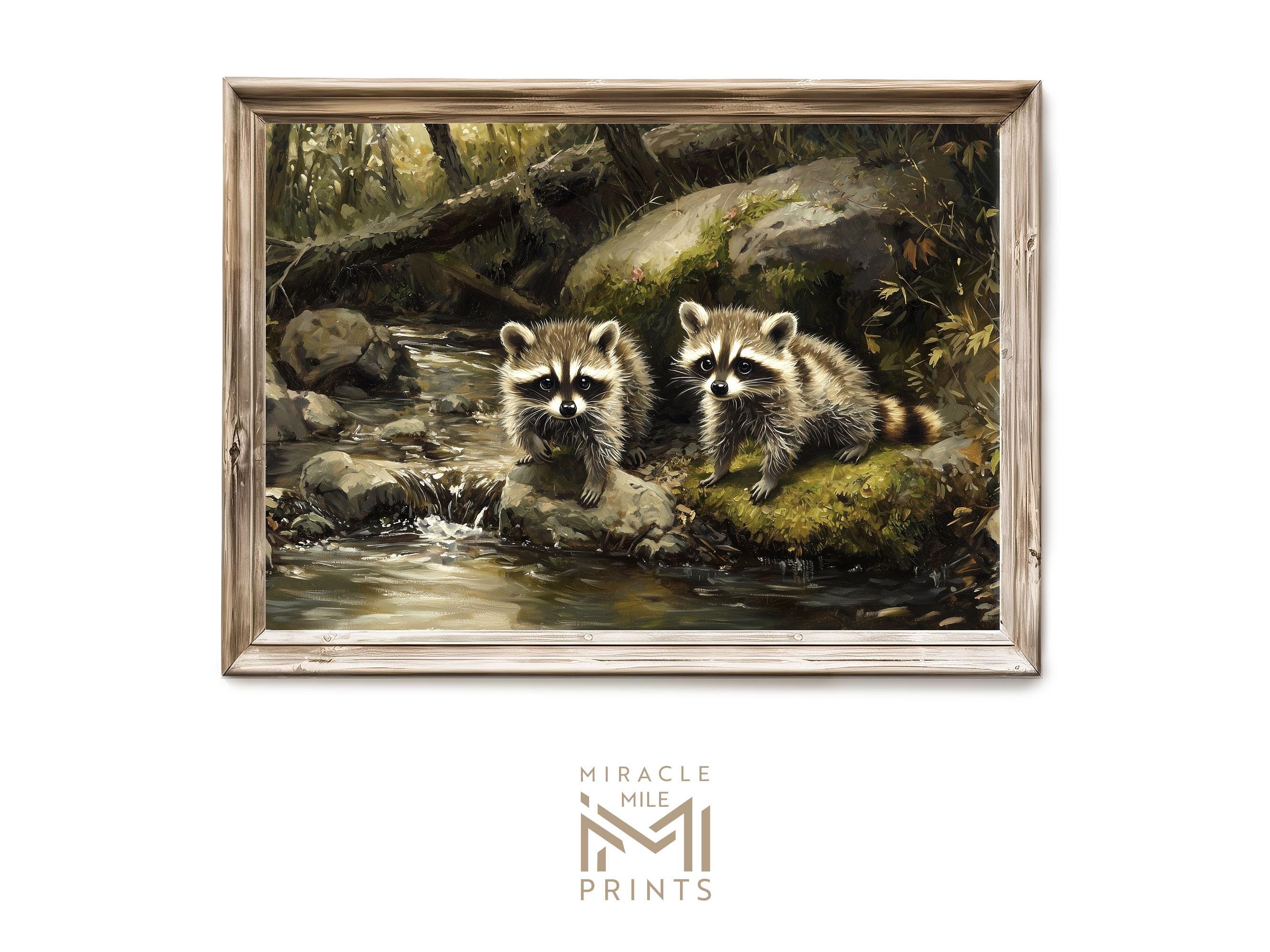 Printable Vintage Raccoon Wall Art, Raccoon Wall Decor, Rustic Oil ...