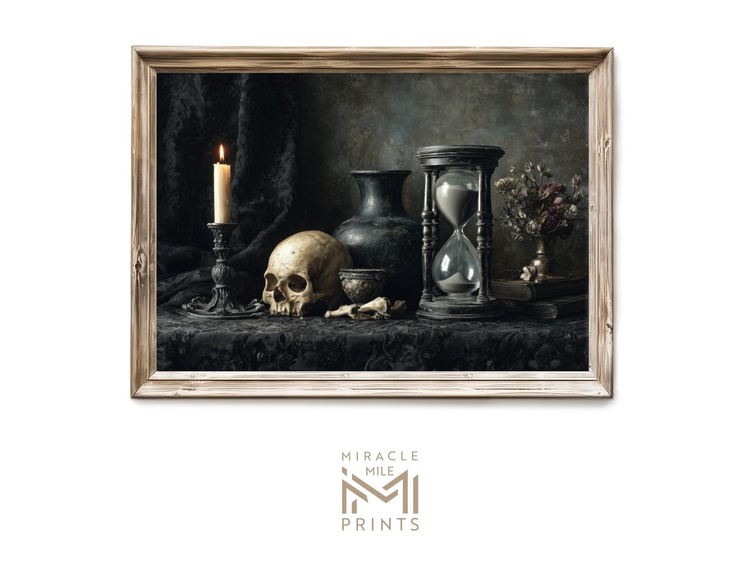 Halloween Gothic Still Life Wall Art, Skull With Hourglass, Haunted ...