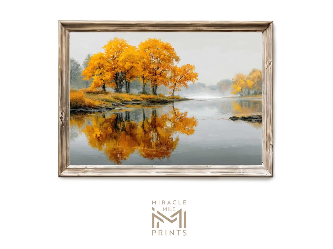 Fall Lake Reflection Wall Art, Rustic Autumn Trees Printable Landscape ...