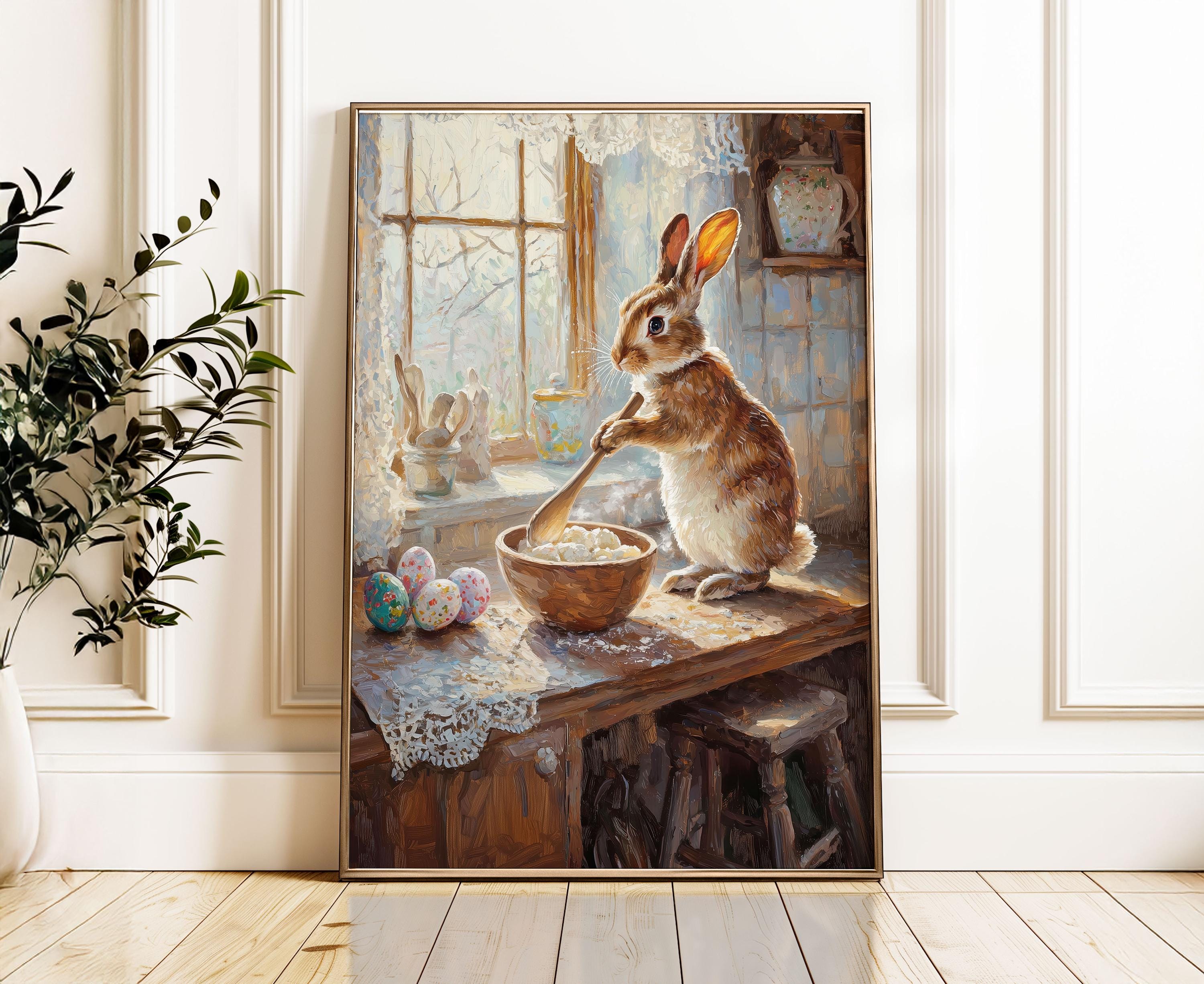 Printable Easter Bunny Wall Art Kitchen, Storybook Oil Painting Digital ...