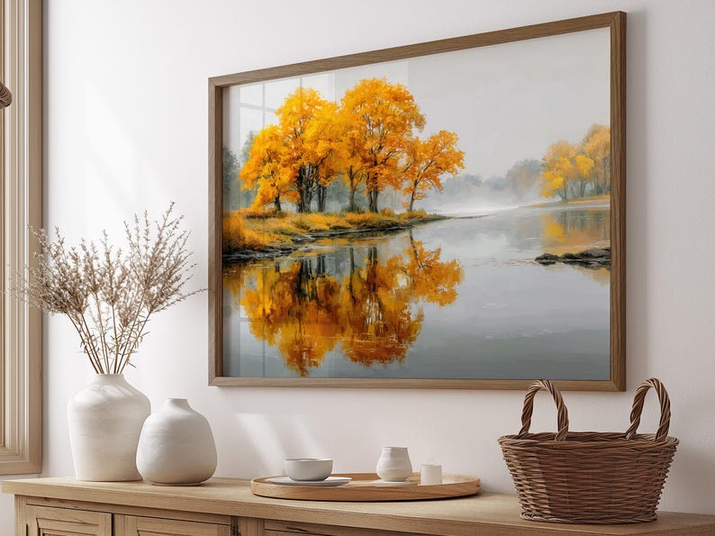 Fall Lake Reflection Wall Art, Rustic Autumn Trees Printable Landscape ...