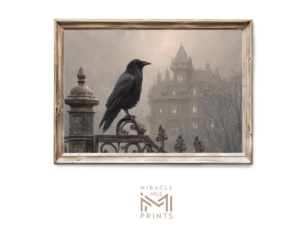 Halloween Raven on Haunted Castle Gate, Gothic Crow Wall Art, Vintage ...
