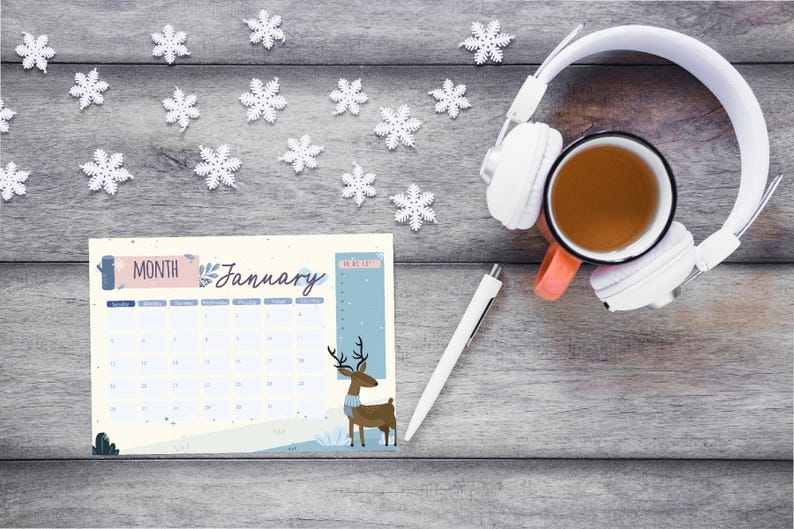 January Calendar, Printable Calendar Template, Winter Fillable Monthly ...