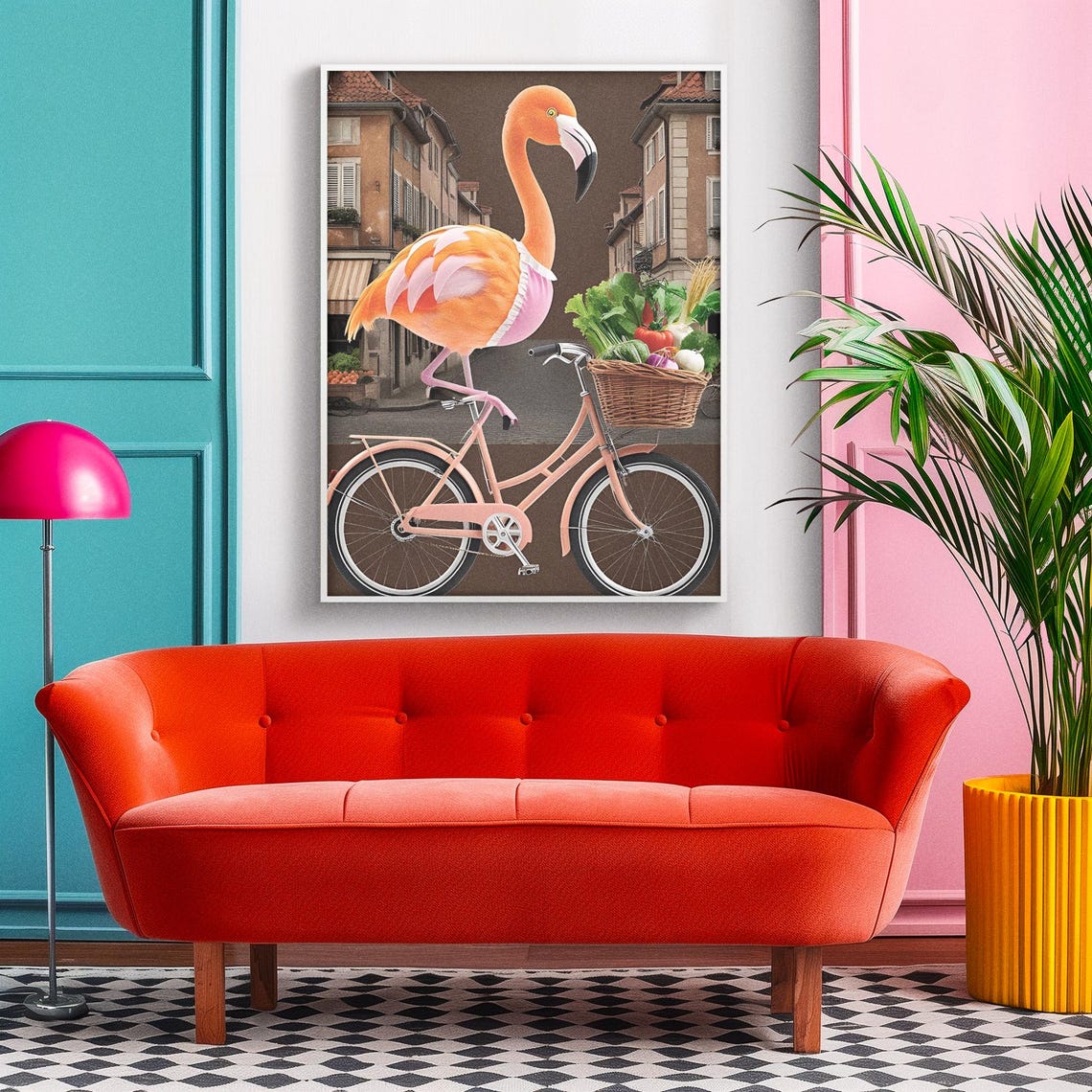 Dopamine Flamingo Riding on A Bike Printable Wall Art, Vintage Digital ...