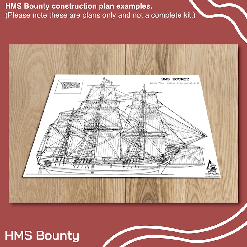 HMS Bounty Wooden Ship Model Plans, 1:60 Scale Blueprint (digital ...