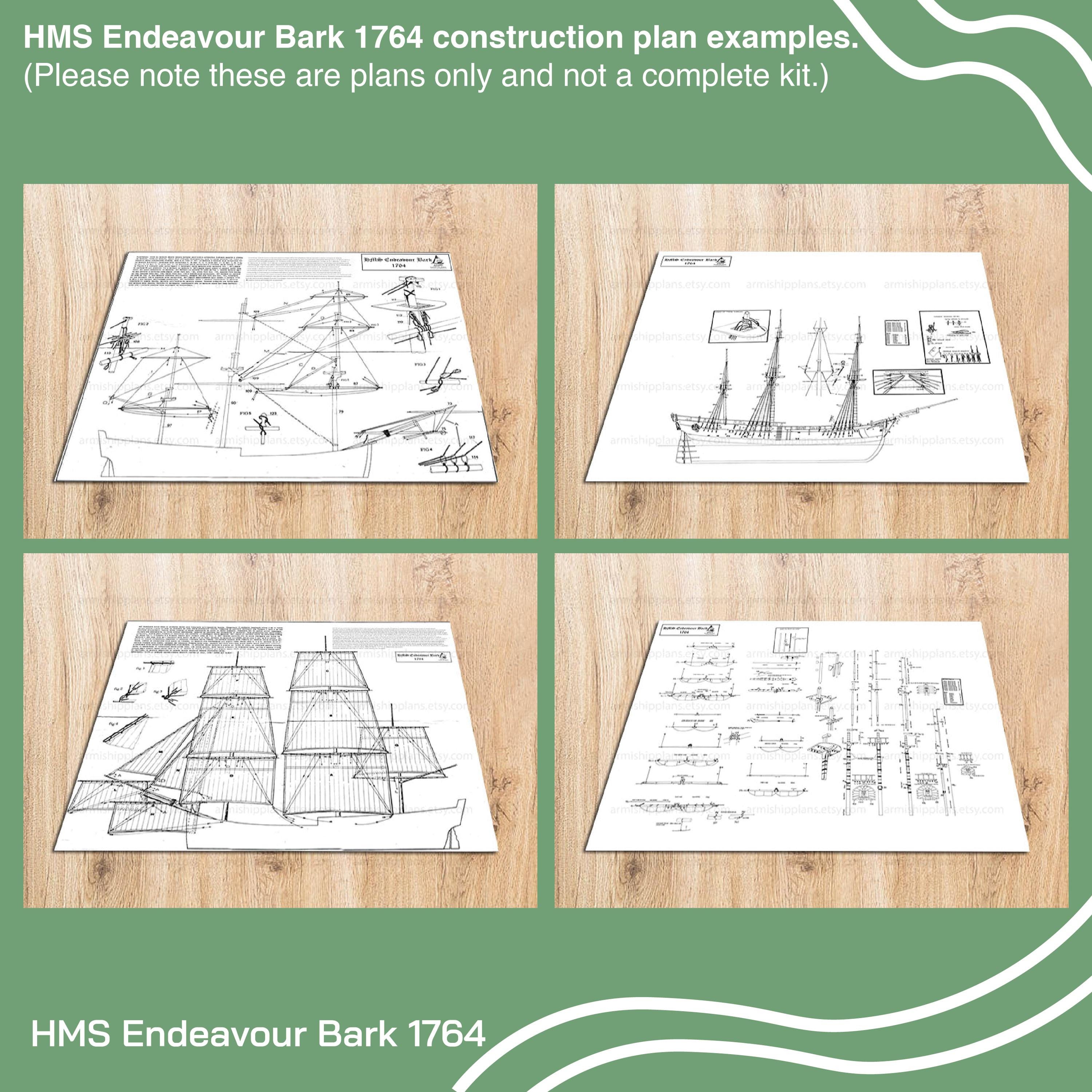 HMS Endeavour Bark 1764 Wooden Ship Model Draft Plans | 23 Tif Files ...