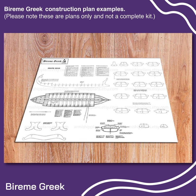 Bireme Greek Wooden Ship Model Draft Plans | 2 Tif Files | Numbered ...