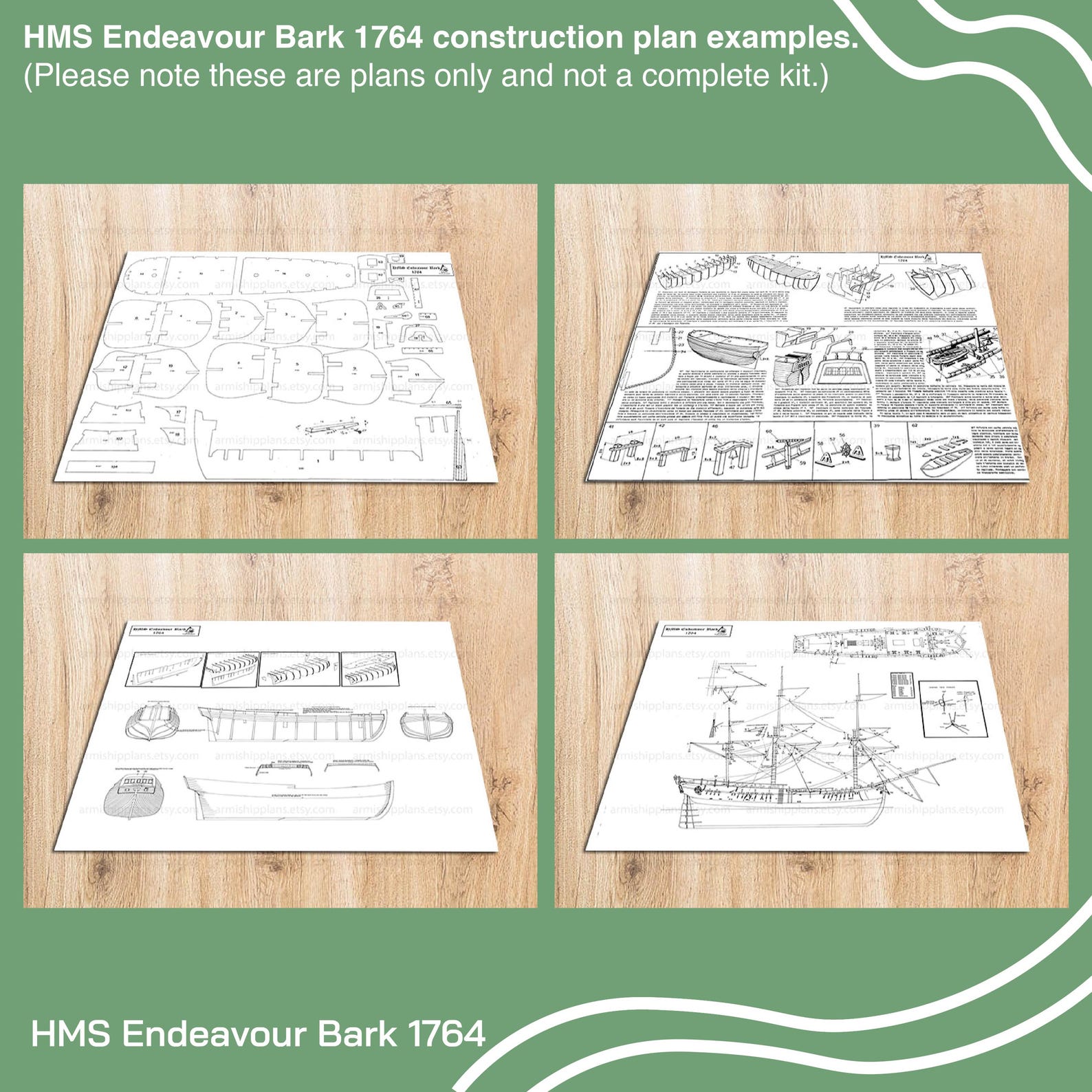 HMS Endeavour Bark 1764 Wooden Ship Model Draft Plans | 23 Tif Files ...